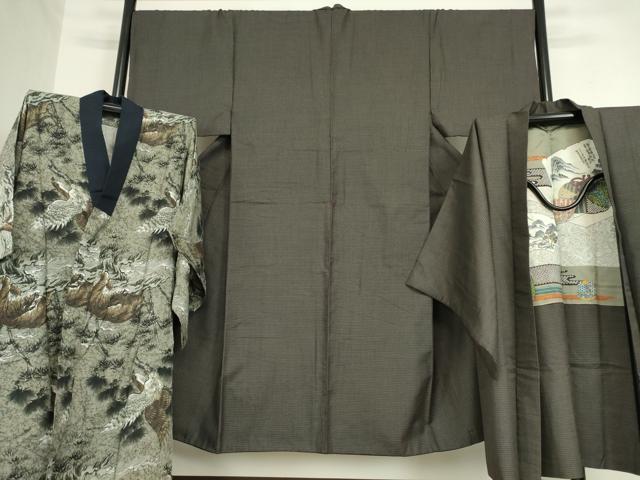 平和屋着物●男性　紬　アンサンブル　長襦袢セット（無双仕立て）亀甲柄　正絹　逸品　DAAY9268az