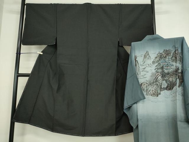 平和屋着物●男性　紬　長襦袢（無双仕立て）セット　黒色　正絹　逸品　未使用　DAAY9274az