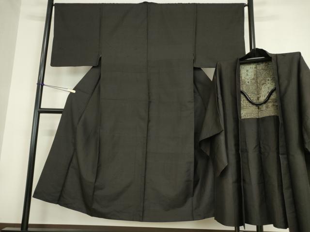 平和屋着物●男性　紬　アンサンブル　黒色　正絹　逸品　DAAY9355az