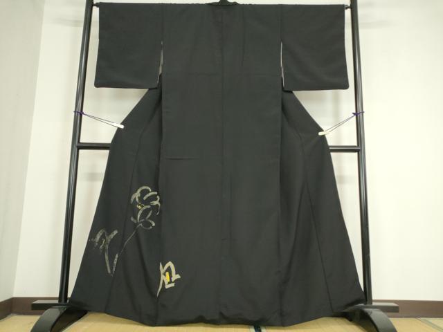 平和屋着物●色留訪問着　お召地　草花文　黒地　正絹　逸品　DAAY9360az