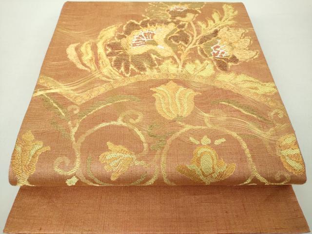 平和屋着物●名門　しょうざん　生紬　紙屋川伝承　絹漉貴　太鼓柄袋帯　洋花文　金糸　正絹　逸品　DAAZ0043ps