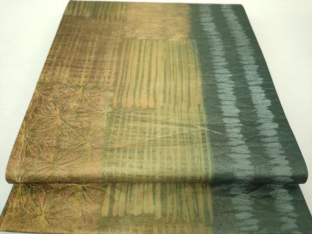 平和屋着物●全通柄袋帯　紬地　絞り　市松間道　金彩　正絹　逸品　DAAZ0044ps