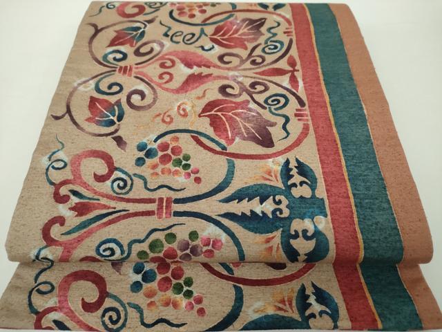 平和屋着物●小林文次郎　通柄袋帯　紬地　絞り　葡萄唐草　正絹　逸品　未使用　DAAZ0048ps