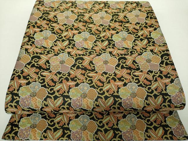 平和屋着物●全通柄袋帯　花唐草文　黒地　正絹　逸品　未使用　DAAZ0084ps