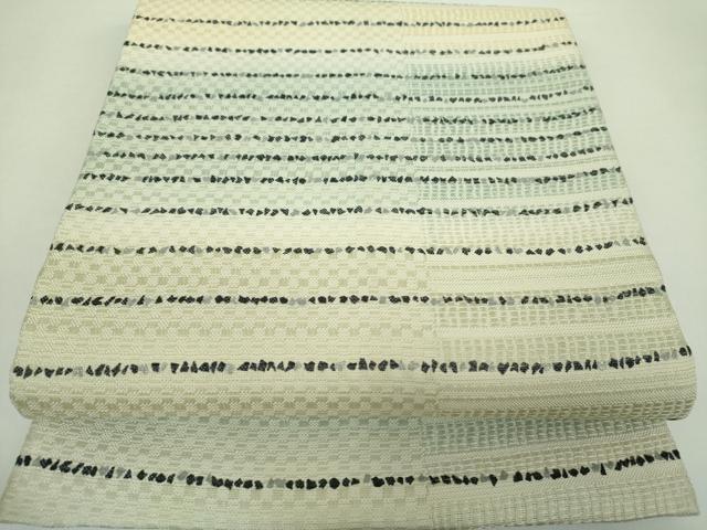 平和屋着物●全通柄袋帯　横段文　銀彩　銀通し地　正絹　逸品　DAAZ0125ps