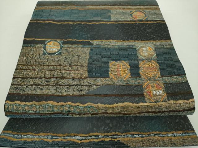 平和屋着物●六通柄袋帯　抽象間道　金銀糸　正絹　逸品　DAAZ0127ps