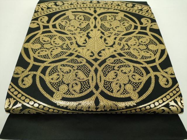 平和屋着物●西陣　老舗　渡文謹製　手織　九寸開き名古屋帯　花丸文　黒地　本金箔24K　正絹　逸品　DAAZ0149ps