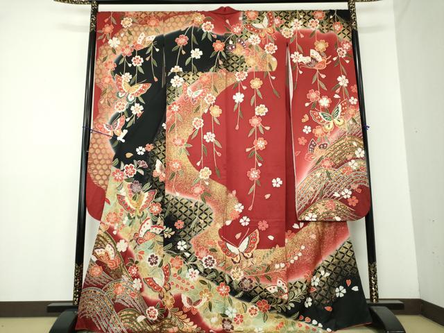 平和屋着物●豪華振袖　駒刺繍　舞蝶花文　暈し染め　金彩　正絹　逸品　DAAZ0189ps