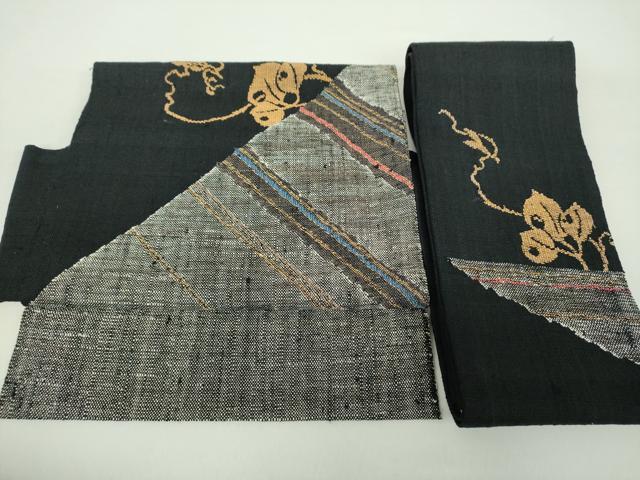 平和屋着物●つけ帯　紬地　草花斜線文　黒地　金糸　正絹　逸品　DAAZ0257ps