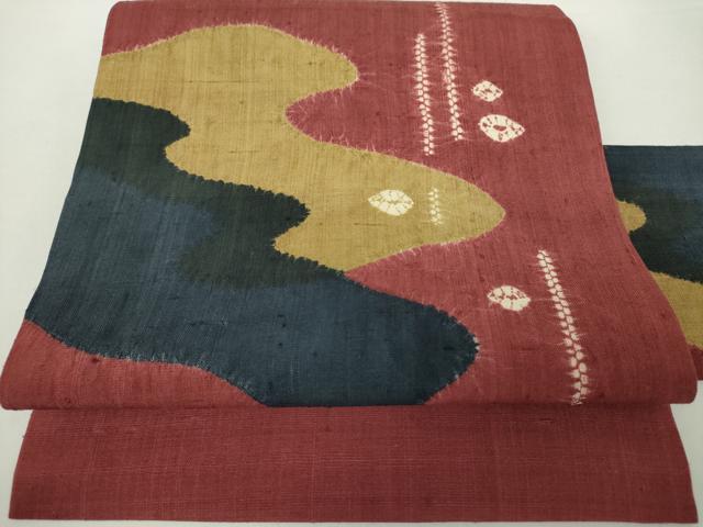 平和屋着物●九寸名古屋帯　生紬　絞り　霞文　正絹　逸品　未使用　DAAZ0268ps