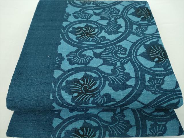 平和屋着物●本藍　型絵染　九寸開き名古屋帯　作家物　生紬　唐草間道　正絹　逸品　DAAZ0278ps