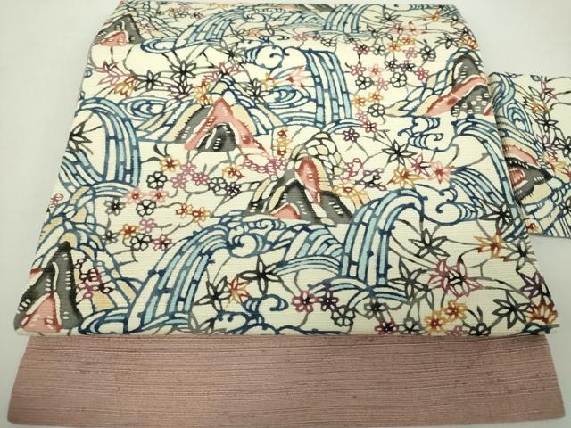 平和屋着物●九寸名古屋帯　紬地　型染　立波風景　正絹　逸品　DAAZ0284ps