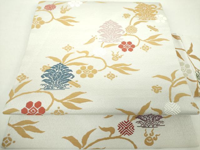 平和屋着物●西陣　にんな織物謹製　九寸名古屋帯　名物裂花文　鶏頭　笹蔓緞子　証紙付き　正絹　逸品　未使用　DAAZ0286ps