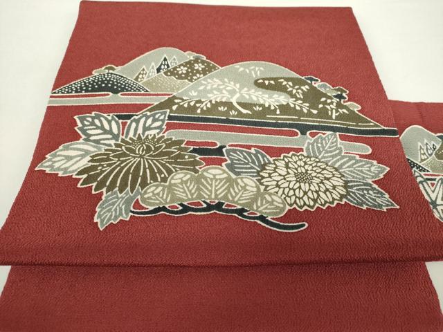 平和屋着物●九寸名古屋帯　型染　遠山花文　鬼しぼ縮緬　正絹　逸品　DAAZ0313ps