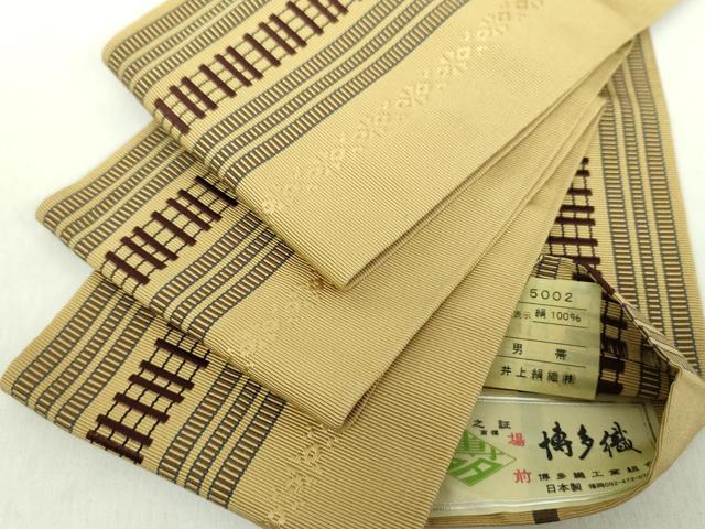 平和屋着物●男性　本場筑前博多織　両面　角帯　間道　井上絹織謹製　証紙付き　正絹　逸品　DAAZ0332ps