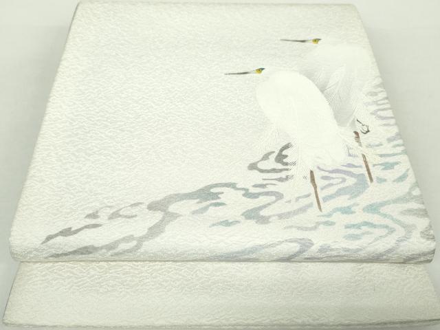 平和屋着物●東京友禅　菅有鬼一　太鼓柄袋帯　手描き　白鷺　銀通し地　正絹　逸品　DAAZ0391ps