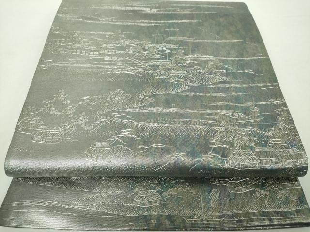 平和屋着物●金彩友禅　卓越技能者・名工・和田光正　太鼓柄袋帯　白金千年箔　渡橋風景　銀彩　引箔　正絹　逸品　DAAZ0404ps