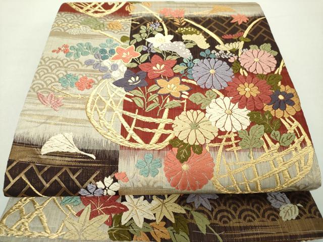 平和屋着物●六通柄袋帯　唐織　市松花籠文　金糸　正絹　逸品　DAAZ0407ps