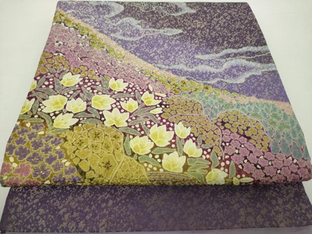 平和屋着物●太鼓柄袋帯　おぼろ染め　襲絞り　風景花文　金彩　金通し地　やまと誂製　正絹　逸品　DAAZ0443ps