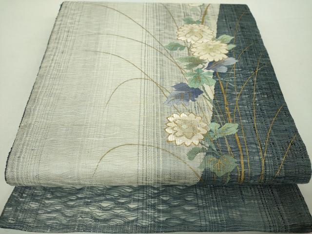 平和屋着物▽太鼓柄袋帯　スリーシーズン帯　春　夏　秋　すくい織　草花文　金彩　正絹　逸品　DAAZ0457ps