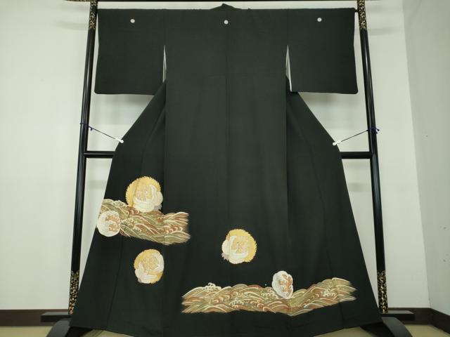 平和屋着物●豪華黒留袖　駒刺繍　立波鶴の丸　金彩　正絹　逸品　DAAZ0489ps