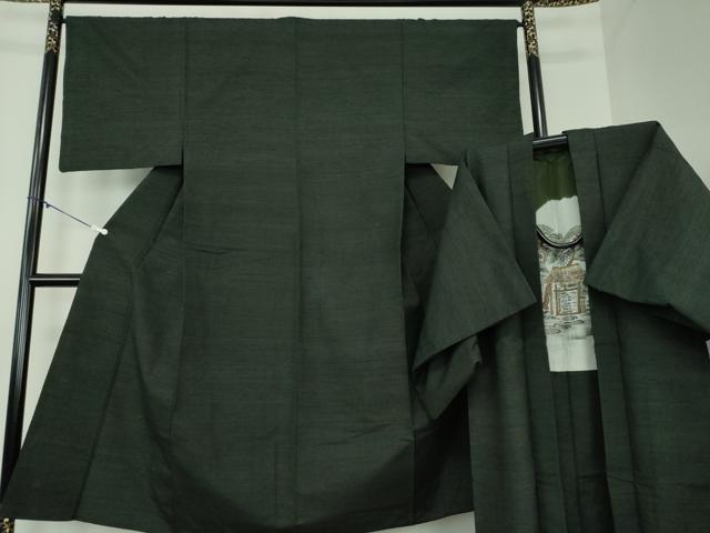 平和屋着物●男性　紬　アンサンブル　長羽織　深緑色　正絹　逸品　DAAZ0521ps