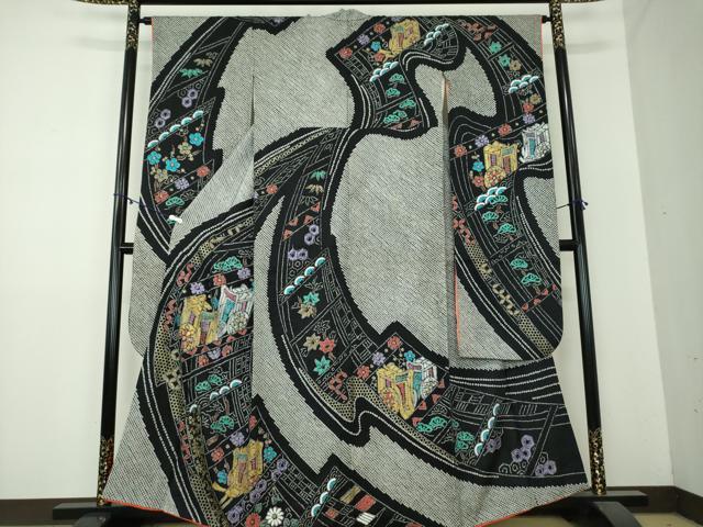 平和屋着物●豪華振袖　総絞り　御所車花文　黒地　金銀彩　正絹　逸品　DAAZ0607ps