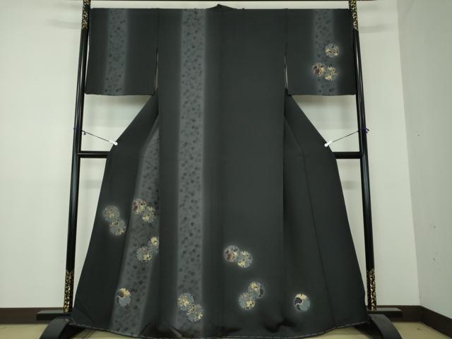 平和屋着物●訪問着　刺繍　雪輪花文　黒地　暈し染め　金彩　正絹　逸品　DAAZ0639ps