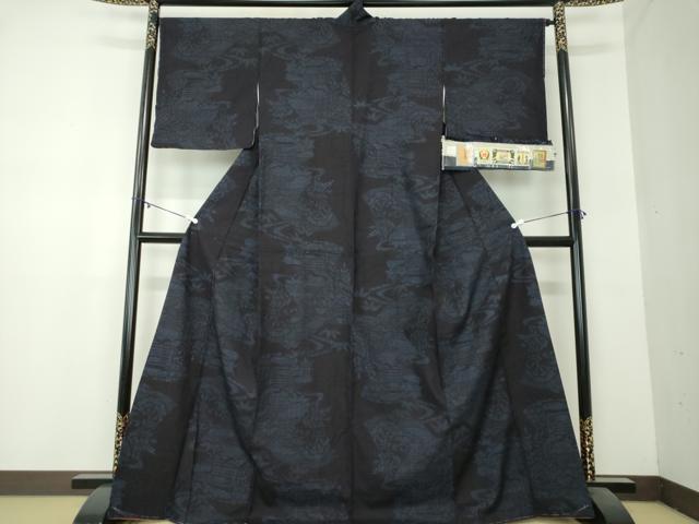 平和屋着物●結城紬　80亀甲　流水風景花文　証紙付き　正絹　逸品　未使用　DAAZ0719ps