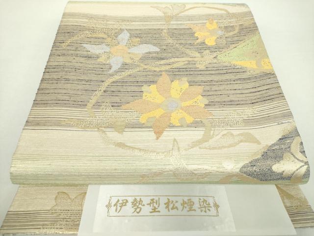 平和屋着物●両面　太鼓柄袋帯　紬地　伊勢型松煙染　更紗花唐草文　金糸　正絹　逸品　未使用　DAAZ0780ps