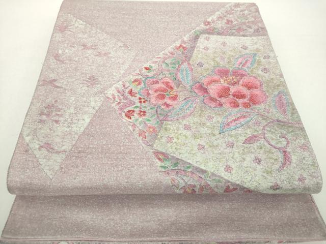 平和屋着物●太鼓柄袋帯　紬地　手描き　更紗花鳥文　金彩　正絹　逸品　DAAZ0787ps