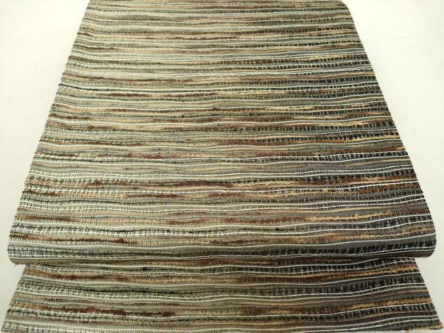 平和屋着物●両面　全通柄袋帯　紬地　横段文　金糸　正絹　逸品　DAAZ0798ps