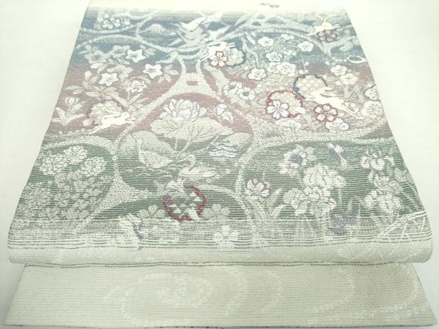 平和屋着物▽両面　六通柄袋帯　唐織　スリーシーズン帯　春　夏　秋　雪輪跳兎　白鳥　金糸　正絹　逸品　DAAZ0815ps