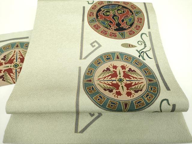 平和屋着物●全通柄九寸名古屋帯　鳥獣花丸文　鬼しぼ縮緬　正絹　逸品　DAAZ0835ps