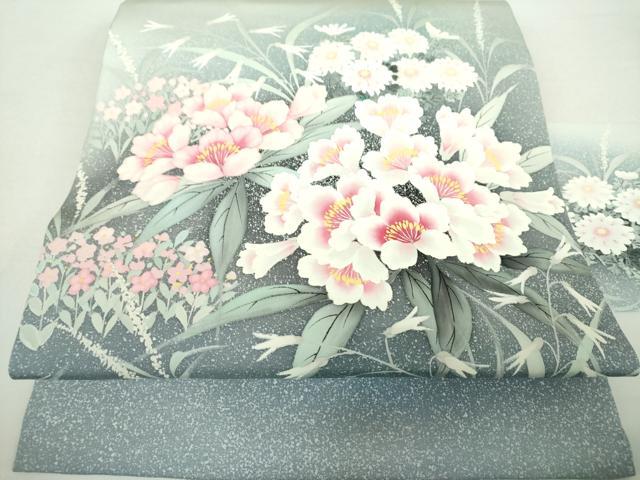 平和屋着物●塩瀬　九寸名古屋帯　作家物　手描き　草花文　正絹　逸品　DAAZ0851ps