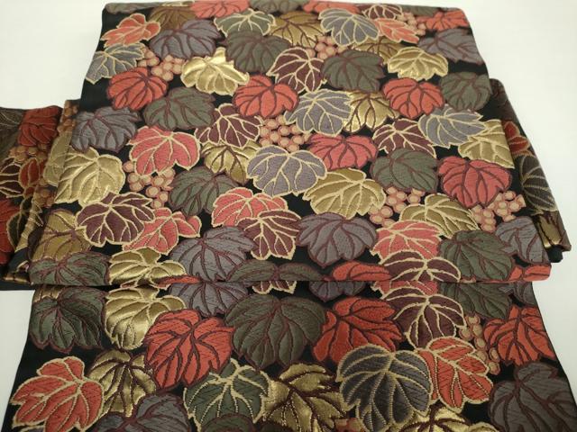 平和屋着物●青々庵　ワンタッチつけ帯　唐織　葡萄蔦の葉文　黒地　金糸　正絹　逸品　未使用　DAAZ0861ps