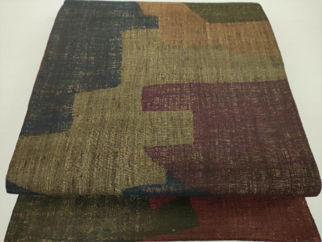 平和屋着物▽六通柄袋帯　スリーシーズン帯　春　夏　秋　櫛織り　抽象文様　金糸　正絹　逸品　DAAZ0865ps