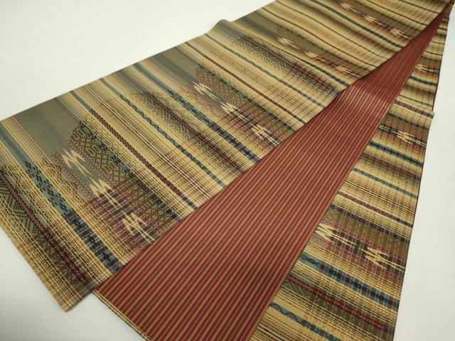 平和屋着物●全通柄袋帯　紬地　花織　横段文　トゥイグワー　正絹　逸品　未使用　DAAZ0902ps