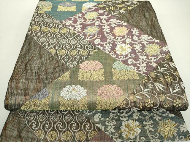 平和屋着物▽両面　六通柄袋帯　スリーシーズン帯　春夏秋　櫛織り　正倉院名物裂花文　笹蔓緞子　金銀糸　正絹　逸品　DAAZ0916ps