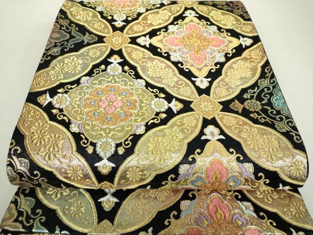 平和屋着物●六通柄袋帯　七宝花文　黒地　金銀糸　正絹　逸品　DAAZ0917ps