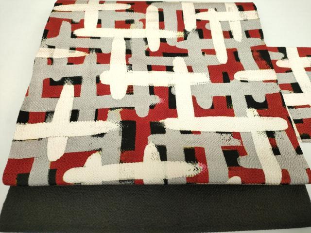 平和屋着物●九寸名古屋帯　作家物　幾何学文様　黒地　正絹　逸品　DAAZ0938ps