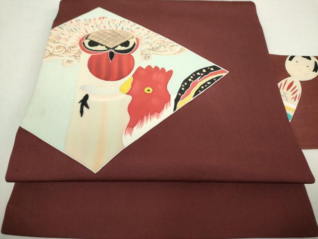 平和屋着物●塩瀬　九寸名古屋帯　刺繍　鶏　玩具文様　金糸　正絹　逸品　DAAZ0945ps