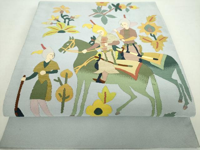 平和屋着物●爪掻き本綴れ　八寸名古屋帯　狩猟花文　金糸　正絹　逸品　DAAZ0957ps