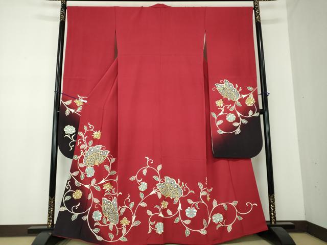 平和屋着物●豪華振袖　駒刺繍　舞蝶更紗花文　暈し染め　金彩　正絹　逸品　DAAZ0986ps