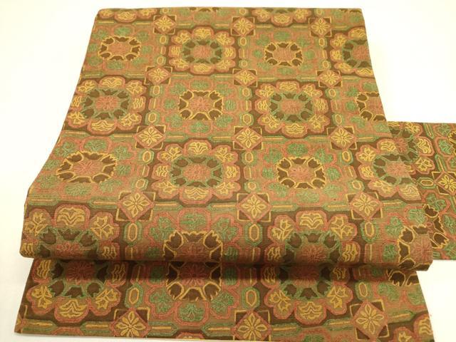 平和屋着物●全通柄九寸名古屋帯　紬地　型染　正倉院花文　正絹　逸品　DAAZ2231op