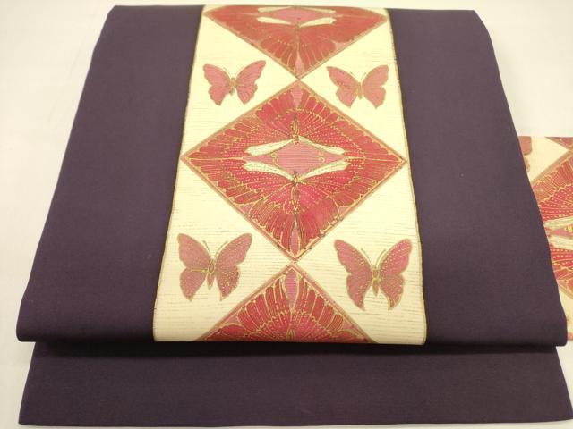 平和屋着物●塩瀬　九寸名古屋帯　舞蝶菱文　金彩　正絹　逸品　DAAZ2235op