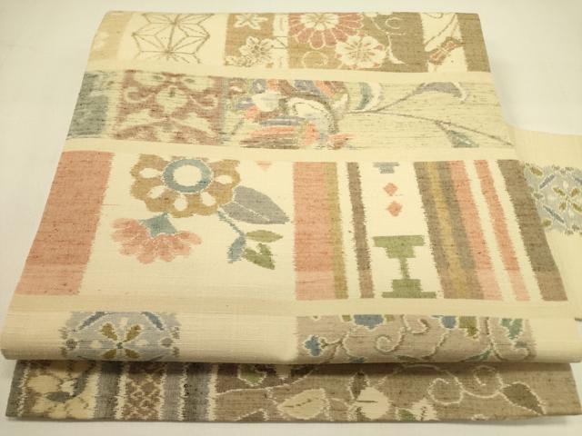 平和屋着物●九寸名古屋帯　小千谷紬　花鳥文　正絹　逸品　未使用　DAAZ2236op