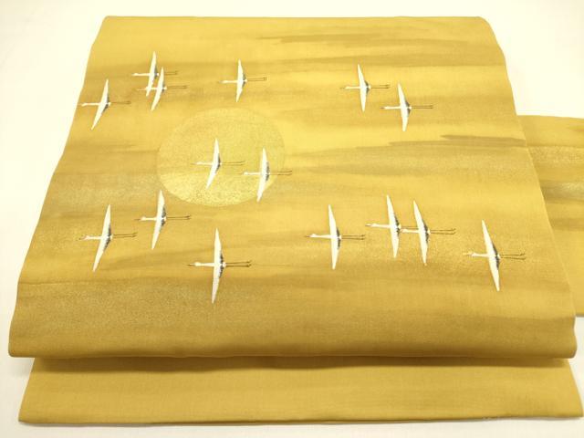 平和屋着物●塩瀬　九寸名古屋帯　作家物　飛鶴文　月　金彩　正絹　逸品　DAAZ2242op