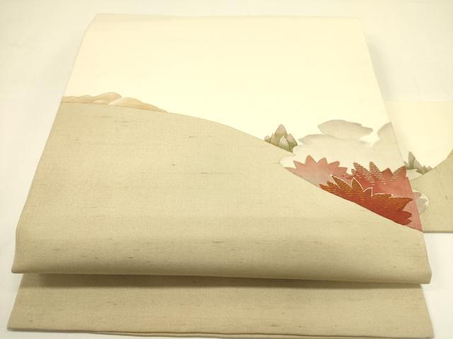 平和屋着物●九寸名古屋帯　紬地　風景文　金彩　正絹　逸品　DAAZ2245op