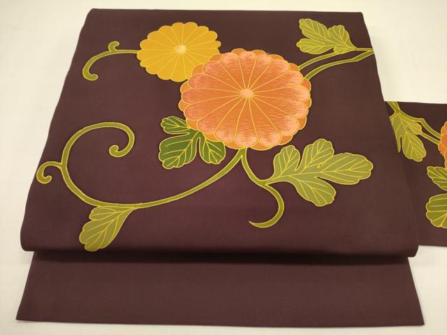平和屋着物●塩瀬　九寸名古屋帯　刺繍　菊　正絹　逸品　DAAZ2253op